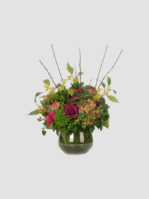 NDI Roses & Hydrangeas Faux Floral Arranget In Moss Glass Vase