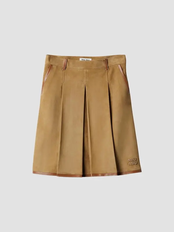 Miu Miu Pleated Suede Skirt - Beige