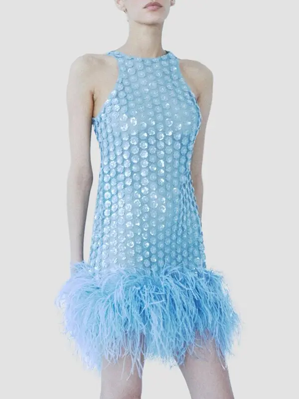 THE NEW ARRIVALS ILKYAZ OZEL Bixi Sequined Feather-trim Minidress