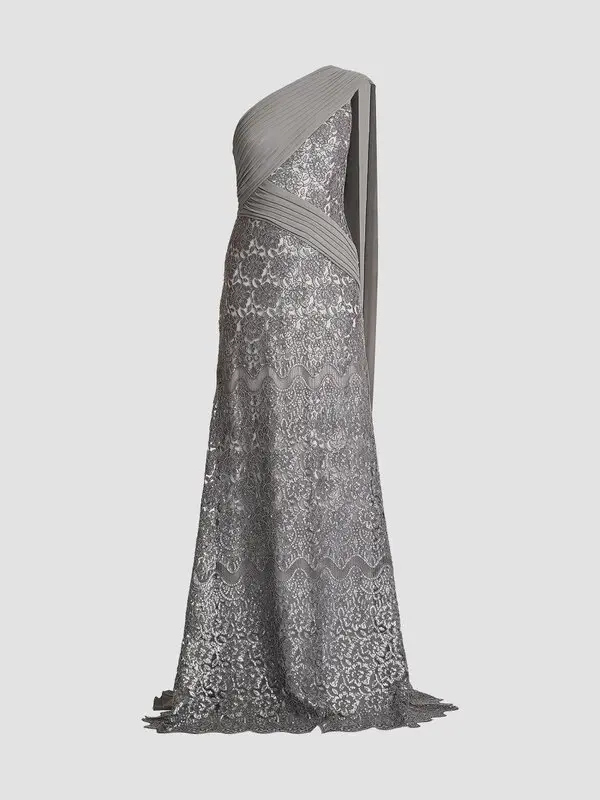 Tadashi Shoji Sequined Lace One-shoulder Gown - Mist