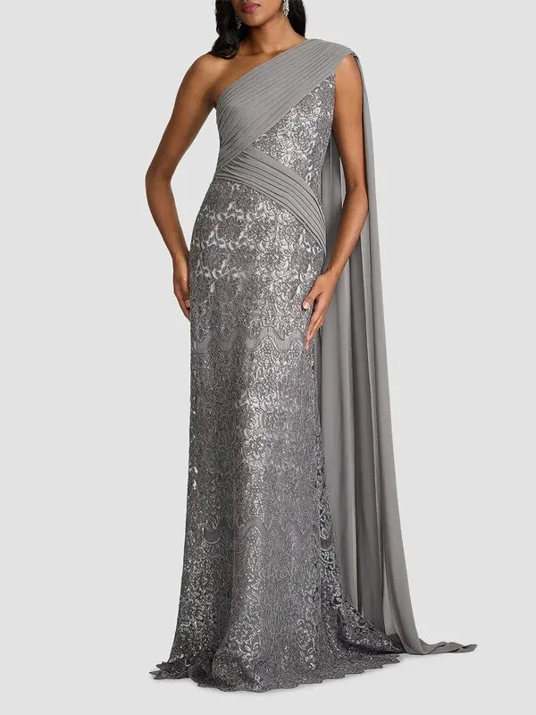 Tadashi Shoji Sequined Lace One-shoulder Gown