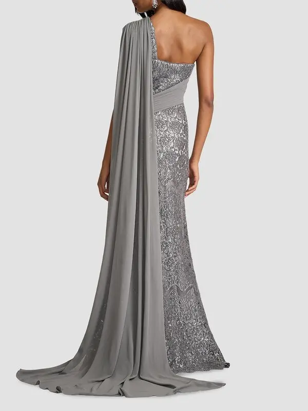 Tadashi Shoji Sequined Lace One-shoulder Gown