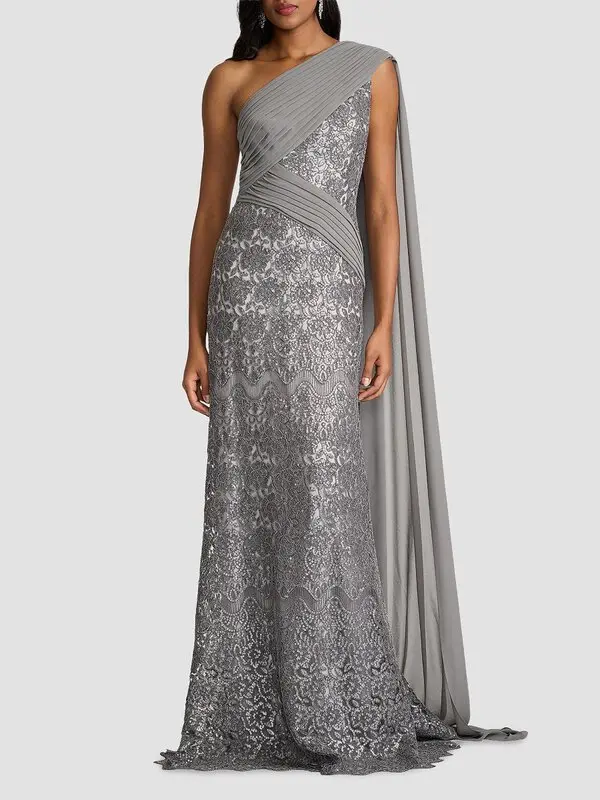 Tadashi Shoji Sequined Lace One-shoulder Gown