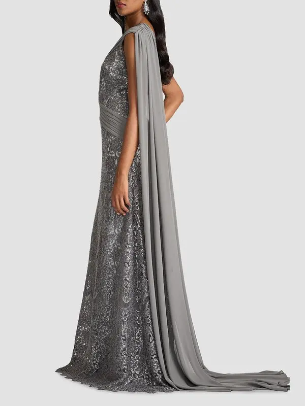 Tadashi Shoji Sequined Lace One-shoulder Gown