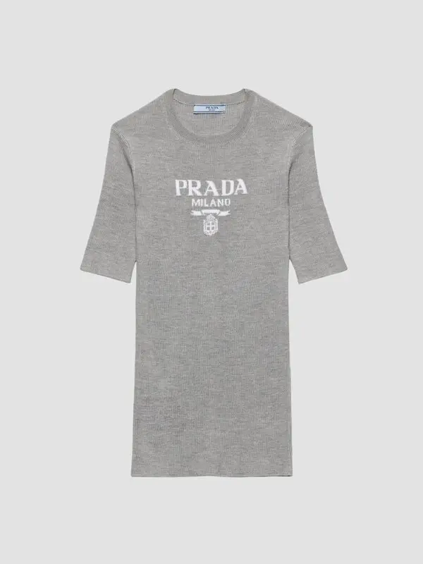 Prada Silk Crewneck Sweater With Logo - Grey