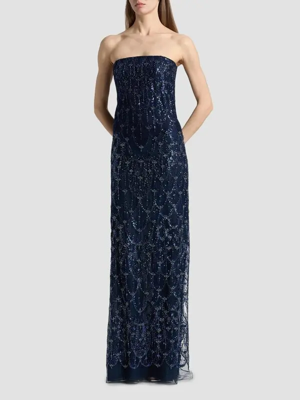 REEM ACRA Beaded Sequin Strapless Column Gown