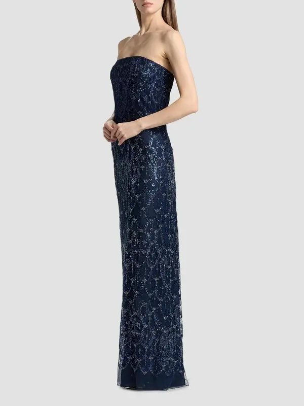 REEM ACRA Beaded Sequin Strapless Column Gown