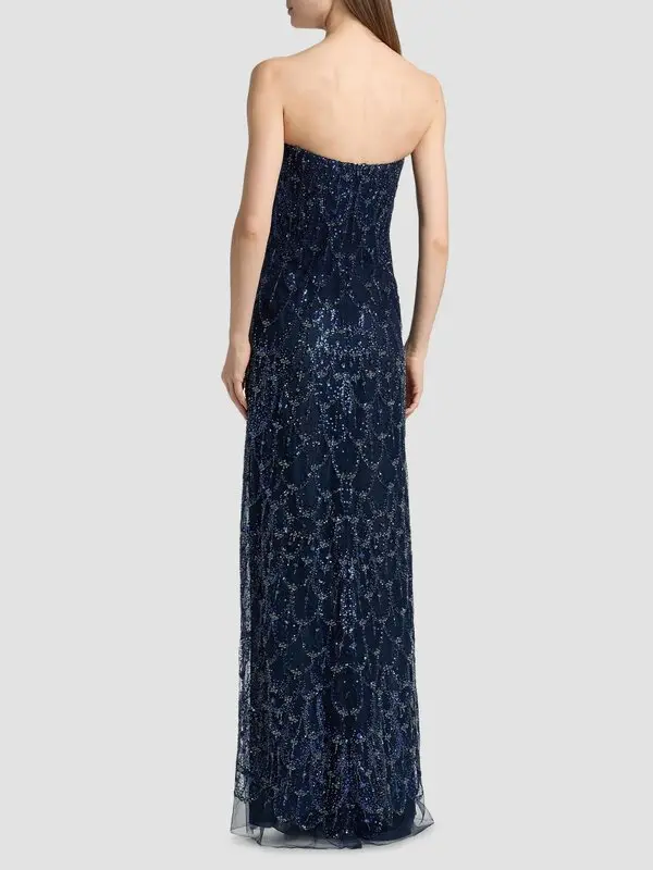 REEM ACRA Beaded Sequin Strapless Column Gown