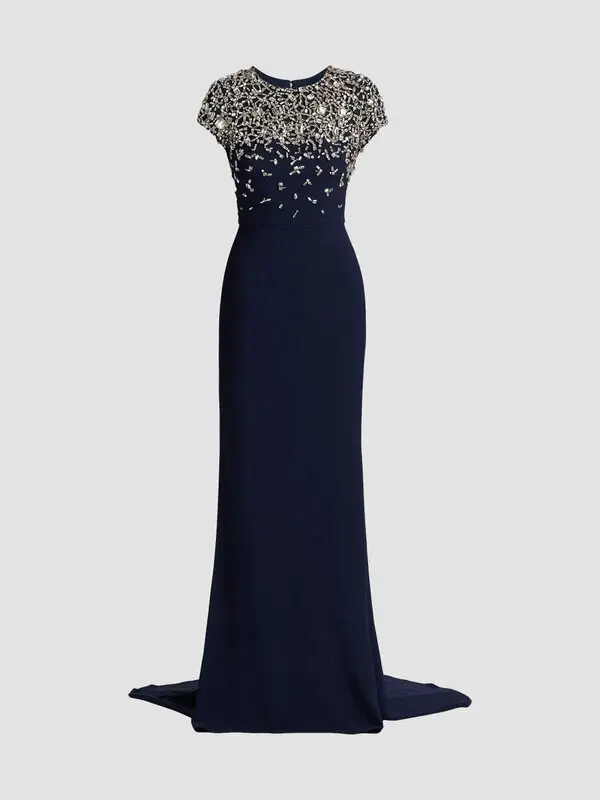 Oscar De La Renta Crystal-embroidered Cap-sleeve Gown - Navy