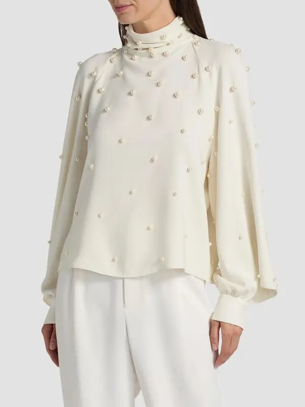 Oscar De La Renta Imitation Pearl-embellished Silk-blend Georgette Blouse