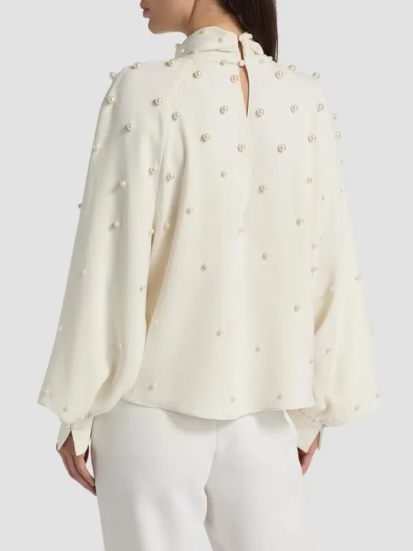 Oscar De La Renta Imitation Pearl-embellished Silk-blend Georgette Blouse
