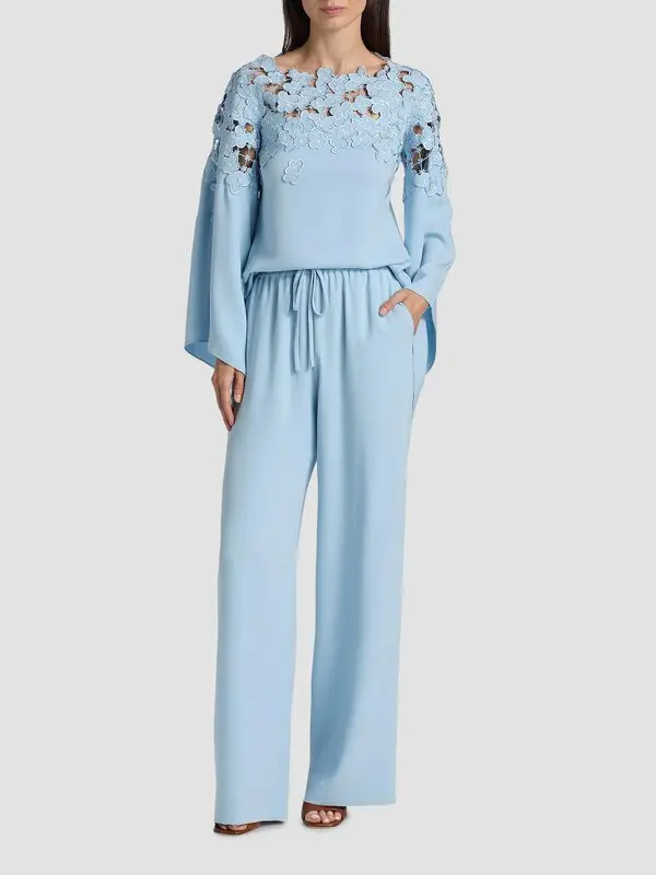 Oscar De La Renta Floral-embroidered Stretch-silk Cape-sleeve Blouse