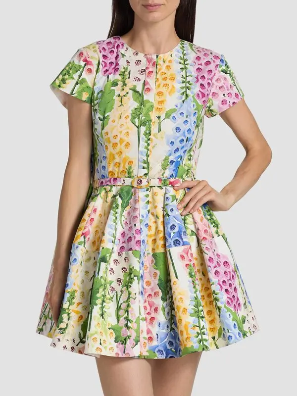 Oscar De La Renta Foxgloves-print Stretch-cotton Poplin Minidress