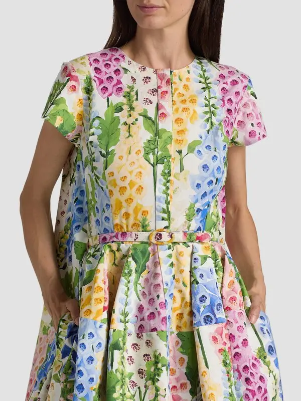 Oscar De La Renta Foxgloves-print Stretch-cotton Poplin Minidress