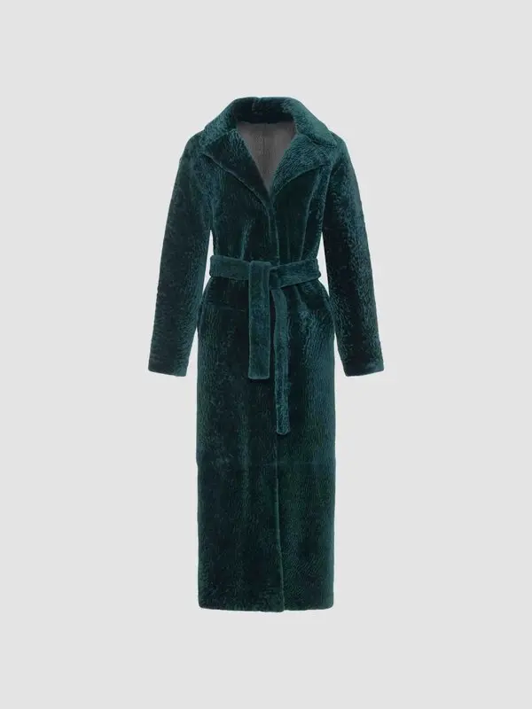 Gorski Reversible Textured Shearling Lamb Coat With Side Slits Belt - Emerald