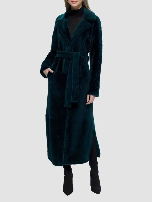 Gorski Reversible Textured Shearling Lamb Coat With Side Slits Belt - Emerald