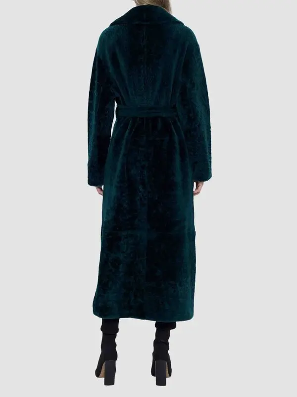 Gorski Reversible Textured Shearling Lamb Coat With Side Slits Belt - Emerald