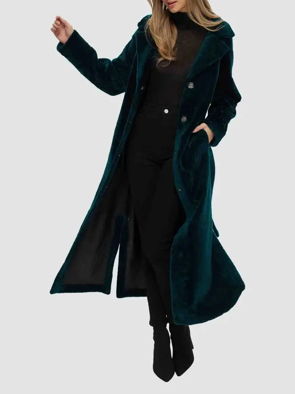 Gorski Reversible Textured Shearling Lamb Coat With Side Slits Belt - Emerald
