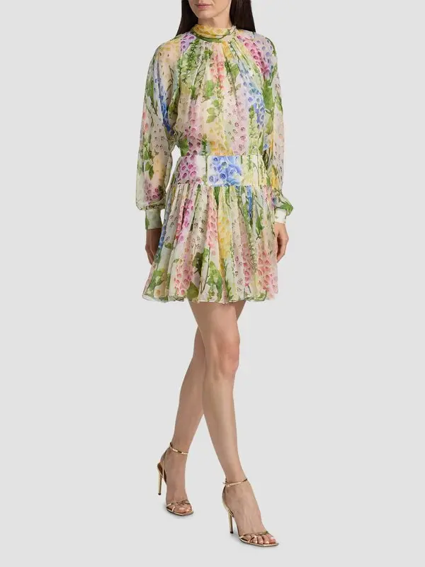 Oscar De La Renta Sheer Foxgloves Silk Chiffon Long-sleeve Minidress