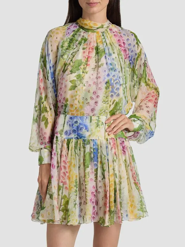 Oscar De La Renta Sheer Foxgloves Silk Chiffon Long-sleeve Minidress