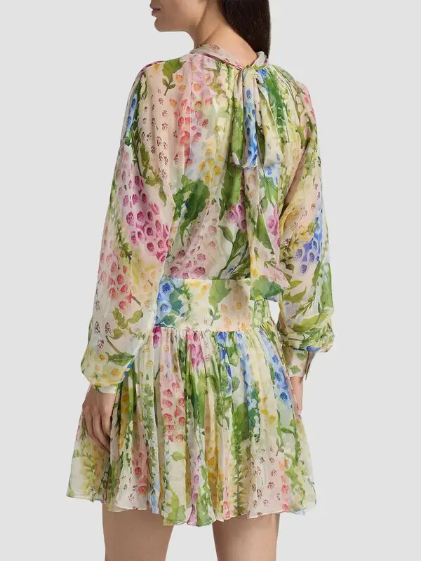 Oscar De La Renta Sheer Foxgloves Silk Chiffon Long-sleeve Minidress