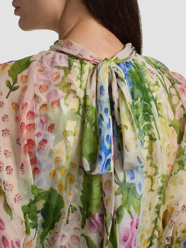 Oscar De La Renta Sheer Foxgloves Silk Chiffon Long-sleeve Minidress