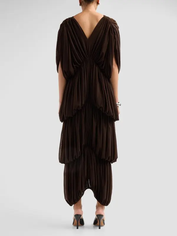 Ronny Kobo Damier Tiered Draped Maxi Dress