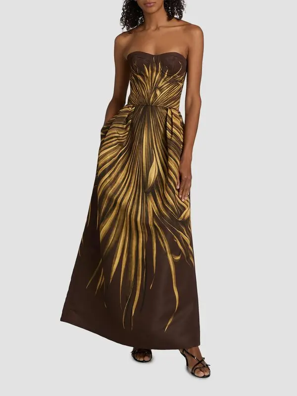 Oscar De La Renta Palm Faille Sleeveless Bustier Gown