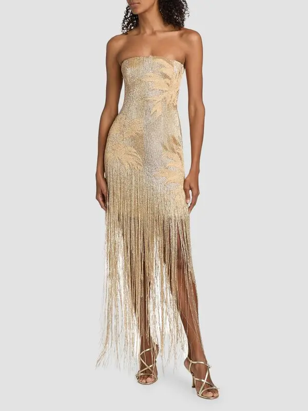 Oscar De La Renta Embellished Palm Raffia Fringe Strapless Gown