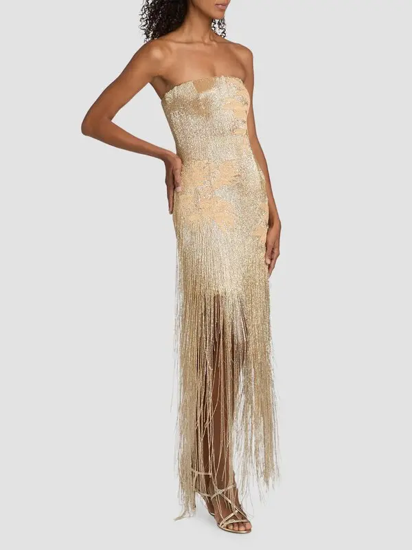 Oscar De La Renta Embellished Palm Raffia Fringe Strapless Gown