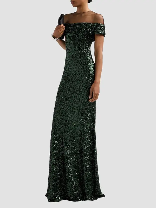 Naeem Khan Off-the-shoulder Illusion Stretch Sequin Gown