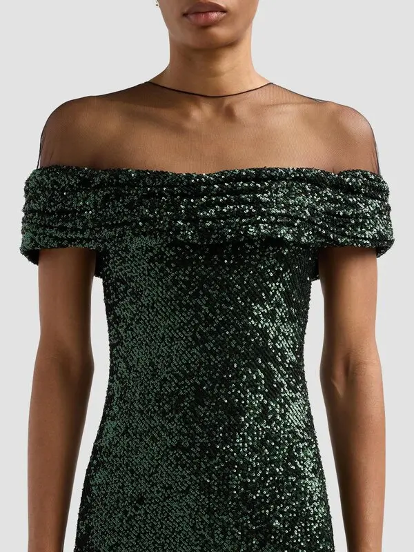 Naeem Khan Off-the-shoulder Illusion Stretch Sequin Gown