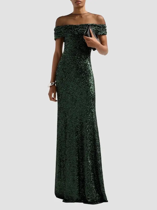 Naeem Khan Off-the-shoulder Illusion Stretch Sequin Gown