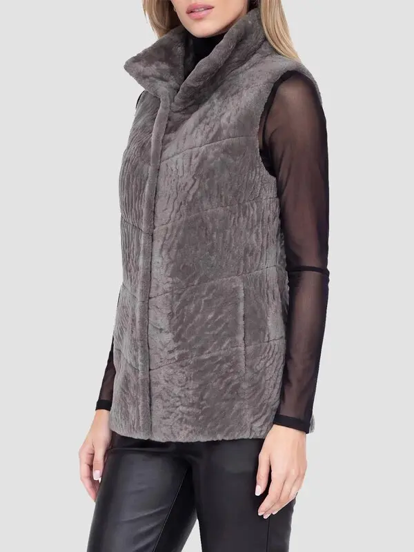 Gorski Reversible Textured Shearling Lamb Vest - Gray