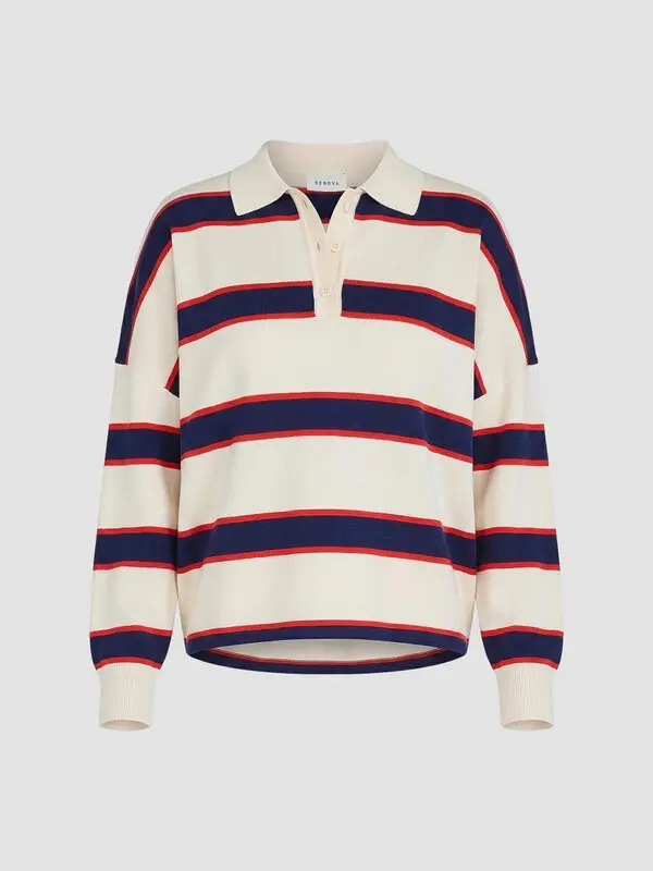 SEROYA Taby Striped Ribbed Polo Sweater - Eggshell Stripe