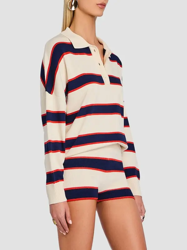 SEROYA Taby Striped Ribbed Polo Sweater - Eggshell Stripe