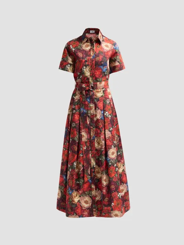 Adam Lippes Leighton Floral Pleated Midi Shirtdress - Ruby Floral