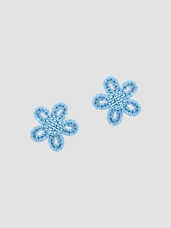 Oscar De La Renta Small Flower Woven Raffia Stud Earrings - Sky