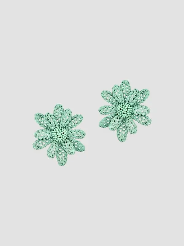 Oscar De La Renta Large Woven Flower Raffia Stud Earrings - Mint