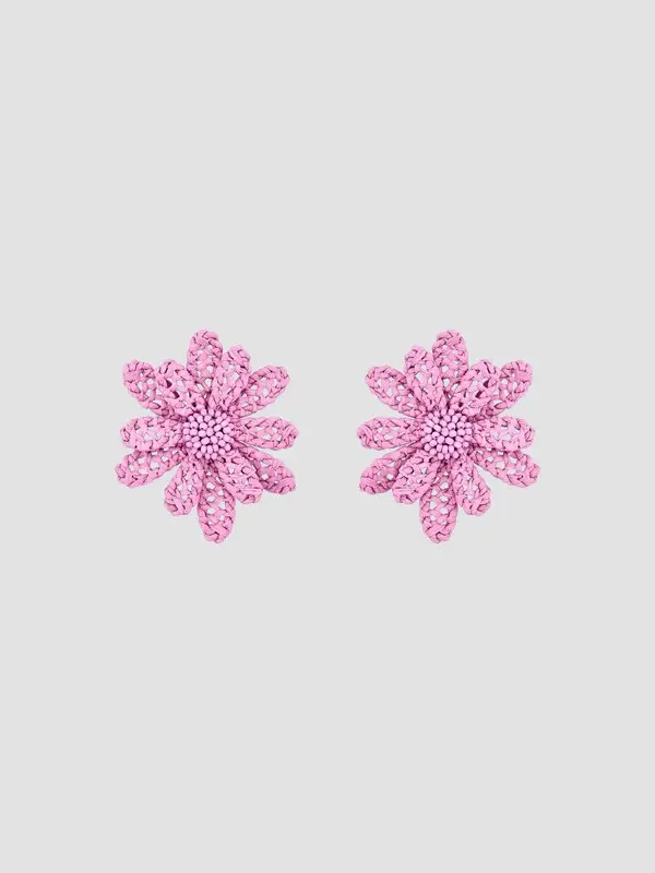 Oscar De La Renta Large Woven Flower Raffia Stud Earrings