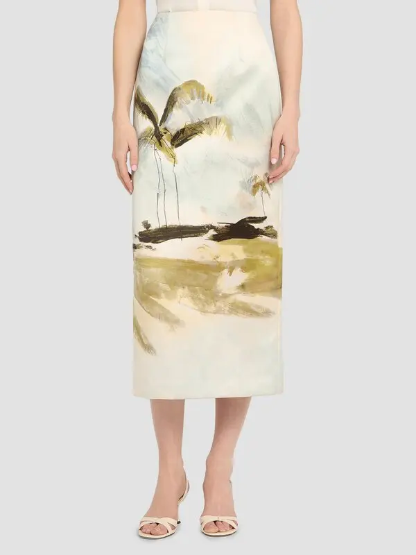 Oscar De La Renta Palm Tree-print Satin Pencil Midi-skirt