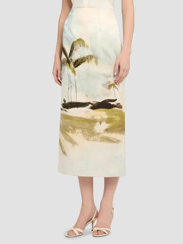 Oscar De La Renta Palm Tree-print Satin Pencil Midi-skirt