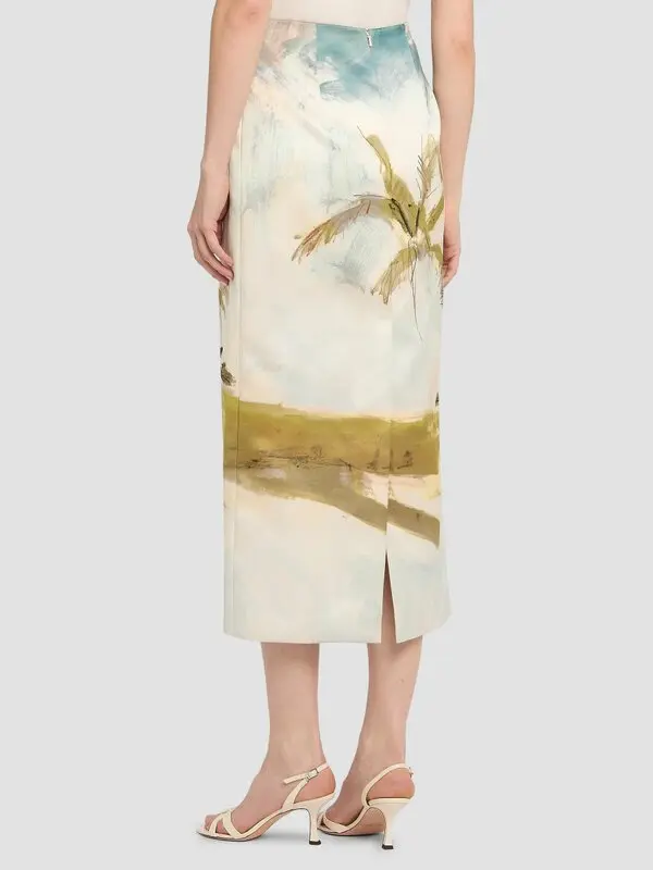 Oscar De La Renta Palm Tree-print Satin Pencil Midi-skirt