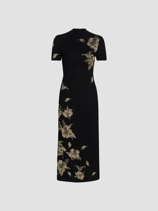 Oscar De La Renta Hibiscus Metallic Jacquard Cocktail Dress - Black