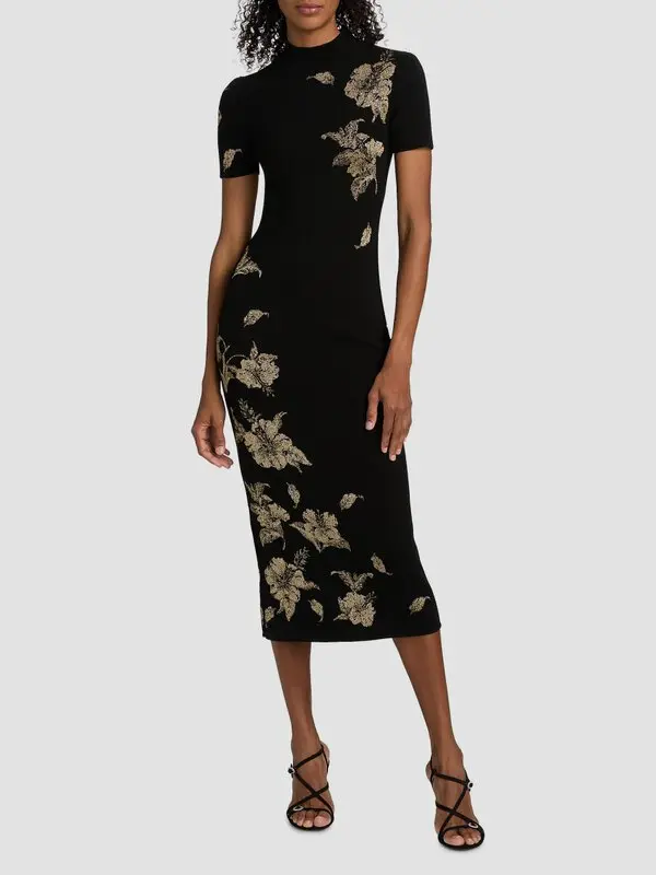 Oscar De La Renta Hibiscus Metallic Jacquard Cocktail Dress