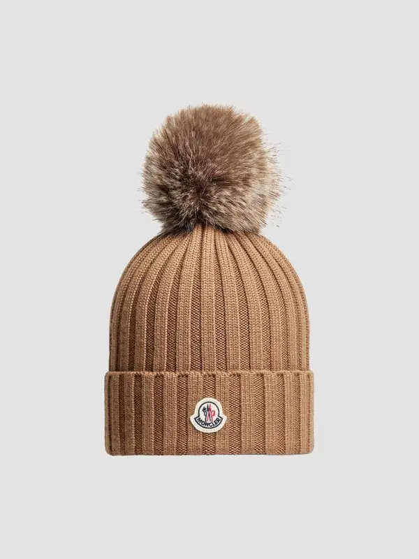 Moncler Beanie Hat In Wool - Beige