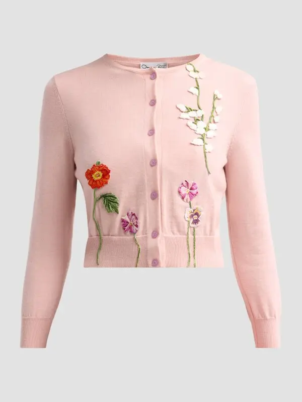 Oscar De La Renta Mixed Floral-embroidered Wool Cardigan - Blush