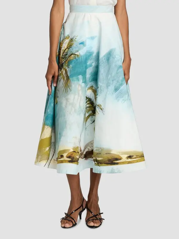Oscar De La Renta Beach Print Cotton Poplin Circle Midi-skirt