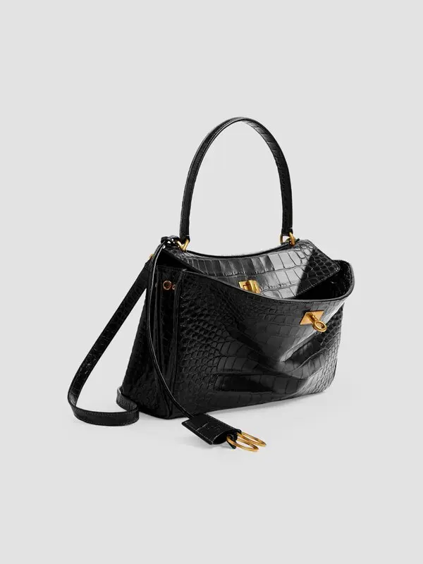 Balenciaga Rodeo Small Crocodile Embossed Shoulder Bag - Black