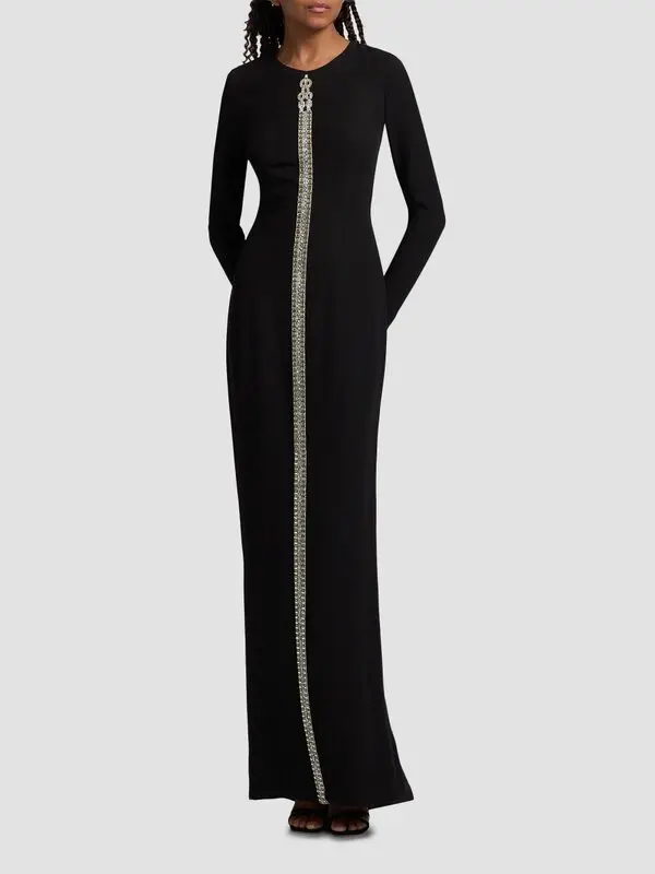 REEM ACRA Crêpe Crystal Detail Column Gown